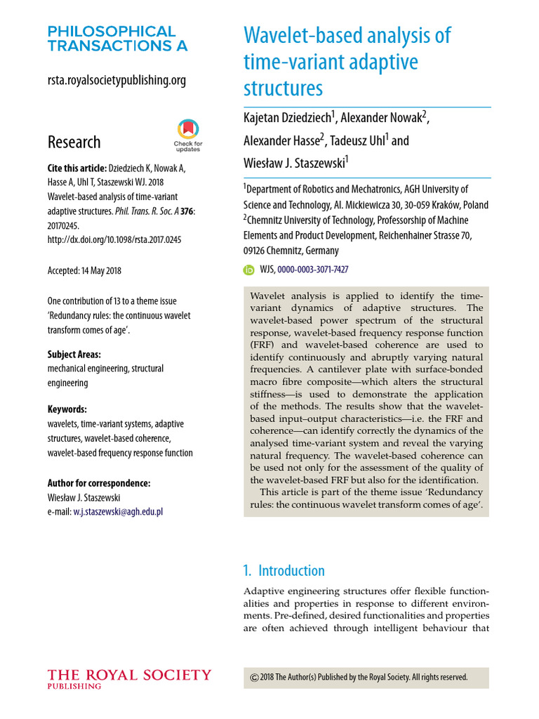 Dziedziech Et Al 2018 Wavelet Based Analysis of Time Variant Adaptive Structures | PDF | Wavelet ...