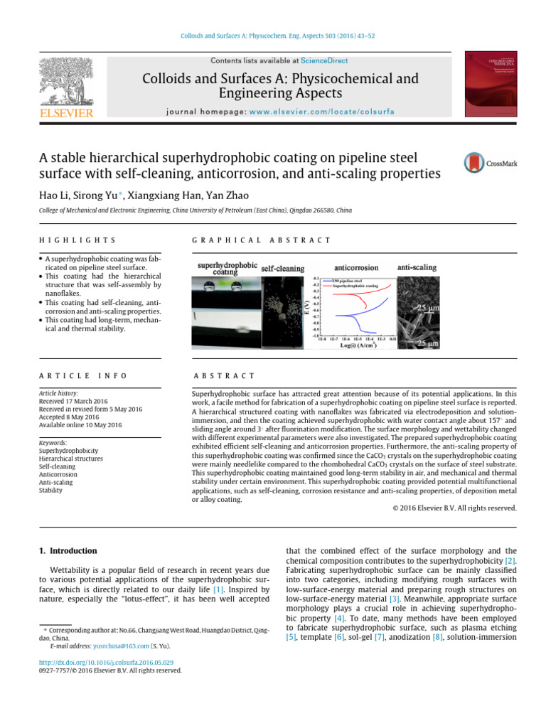 A Stable Hierarchical Superhydrophobic Coating On Pipeline Steel ...