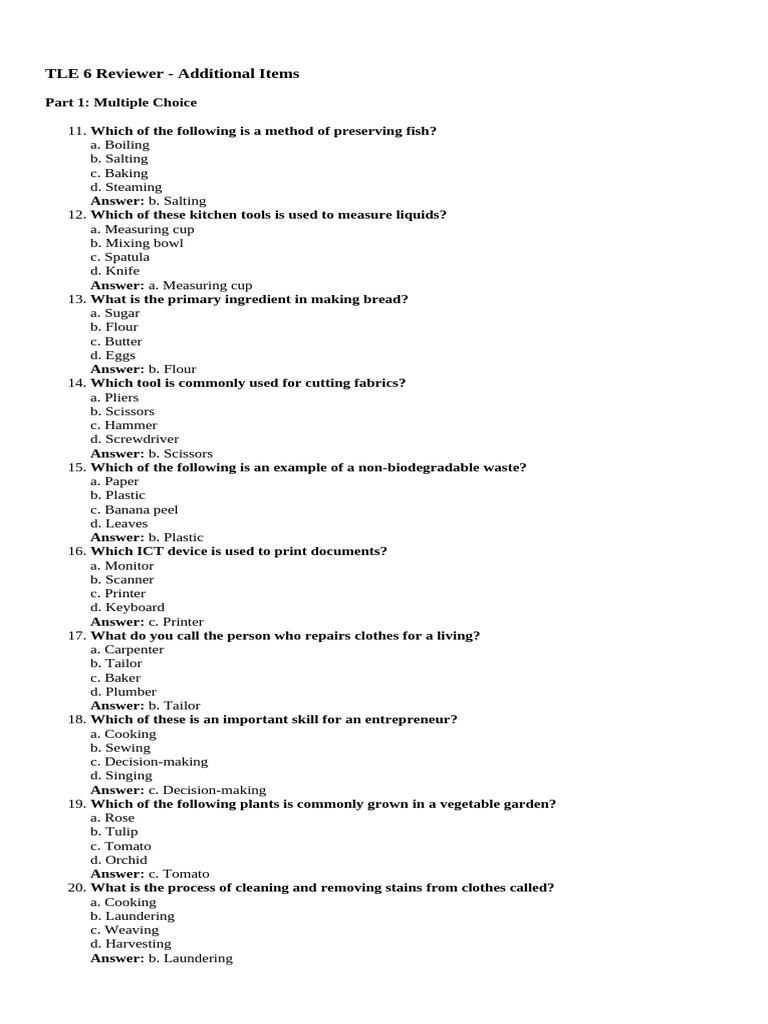 TLE 6 Reviewer - Answer Key | PDF | Compost | Vegetables