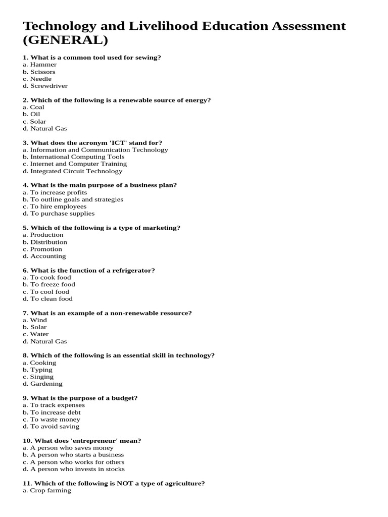 Technology and Livelihood Education Quiz | PDF | Agriculture | Cooking