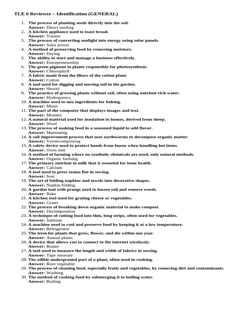 TLE 6 Reviewer III - Answer Key | PDF | Agriculture | Plants