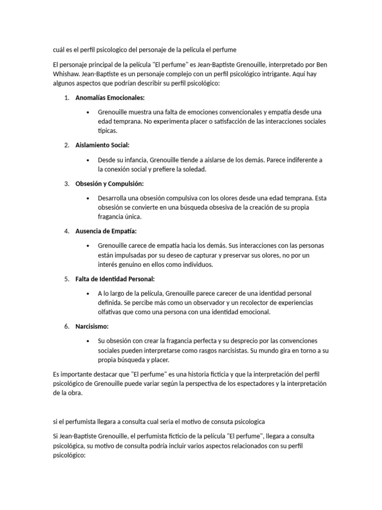 Cuál Es El Perfil Psicologico Del Personaje de La Pelicula El Perfume ...