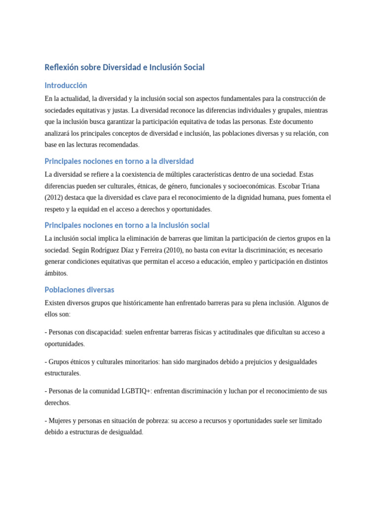 Reflexion Diversidad Inclusion Corregido | PDF | Inclusión (Educación) | Desigualdad social