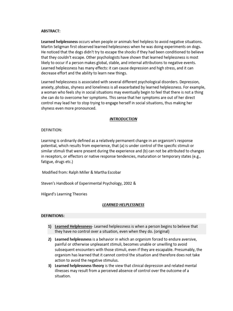 Understanding Learned Helplessness | PDF | Psychological Theories | Cognitive Science