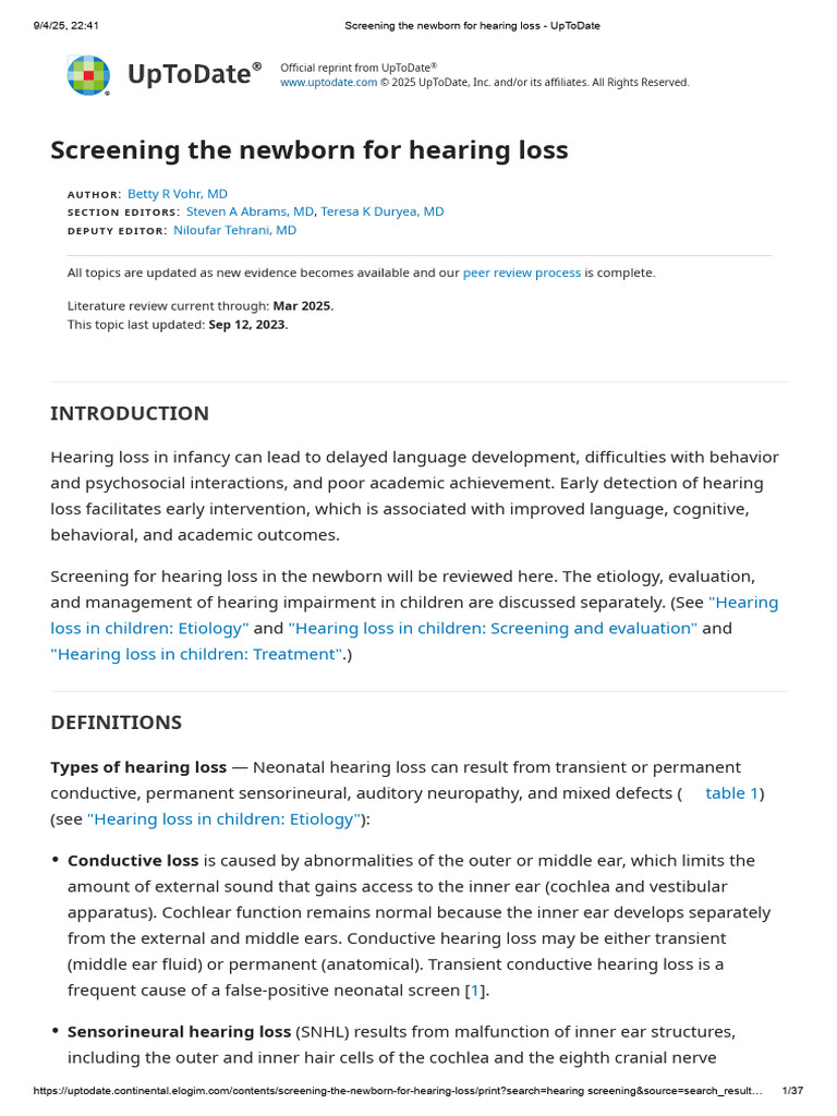 Screening The Newborn For Hearing Loss | PDF | Hearing Loss | Hearing