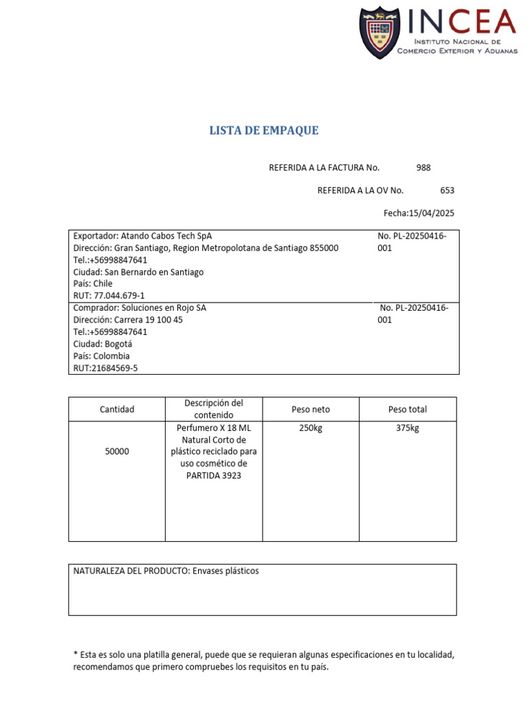 Packing List Chile | PDF