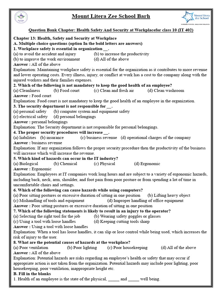 Health and Safety at Workplace Quiz | PDF | Hazards | Occupational ...