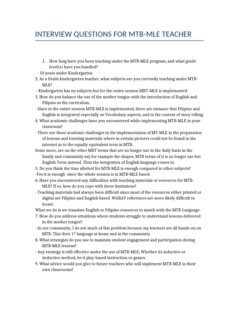 MTB-MLE Interview Questions | PDF | Curriculum | English Language