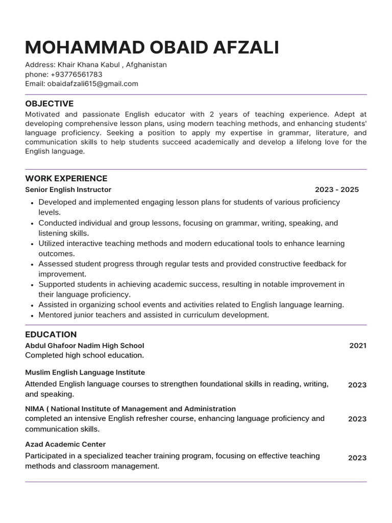 English Educator Mohammad Obaid Afzali | PDF | Teaching Method | Lesson ...
