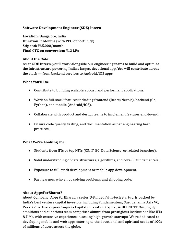 JD Software Development Engineer SDE Intern | PDF