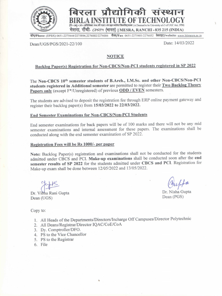 Backlog Papers Registration For Non-CBCS Non-PCI Students Registered in ...