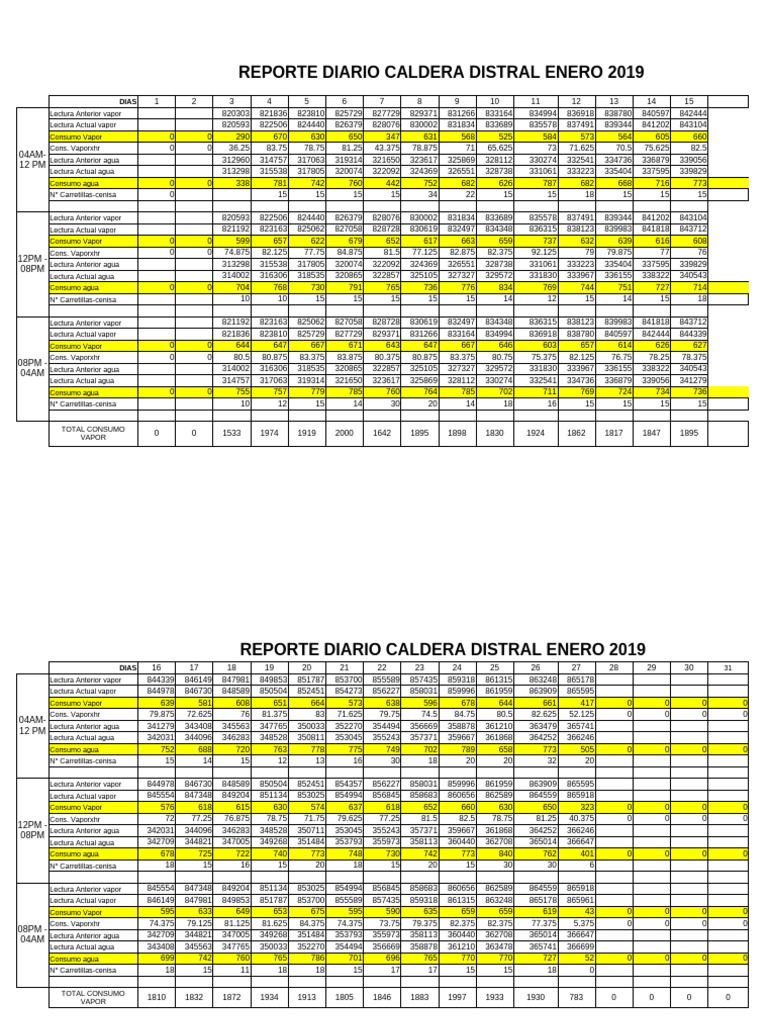 Cuadro de Consumo Vapor 2019 | PDF