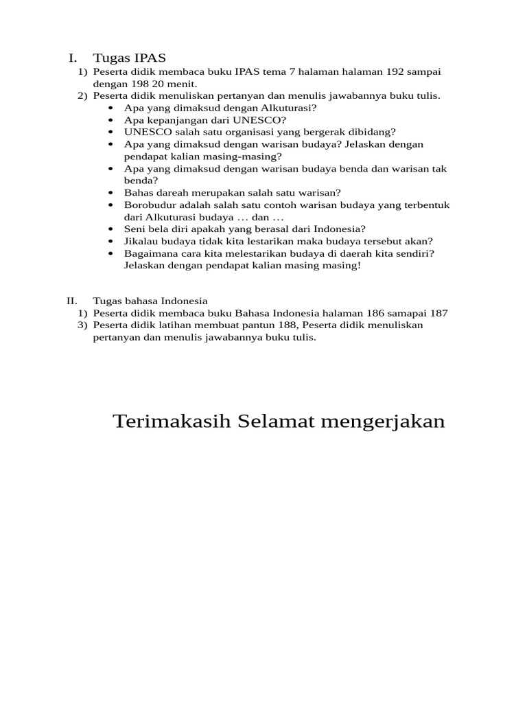 Terimakasih Selamat Mengerjakan: I. Tugas IPAS | PDF