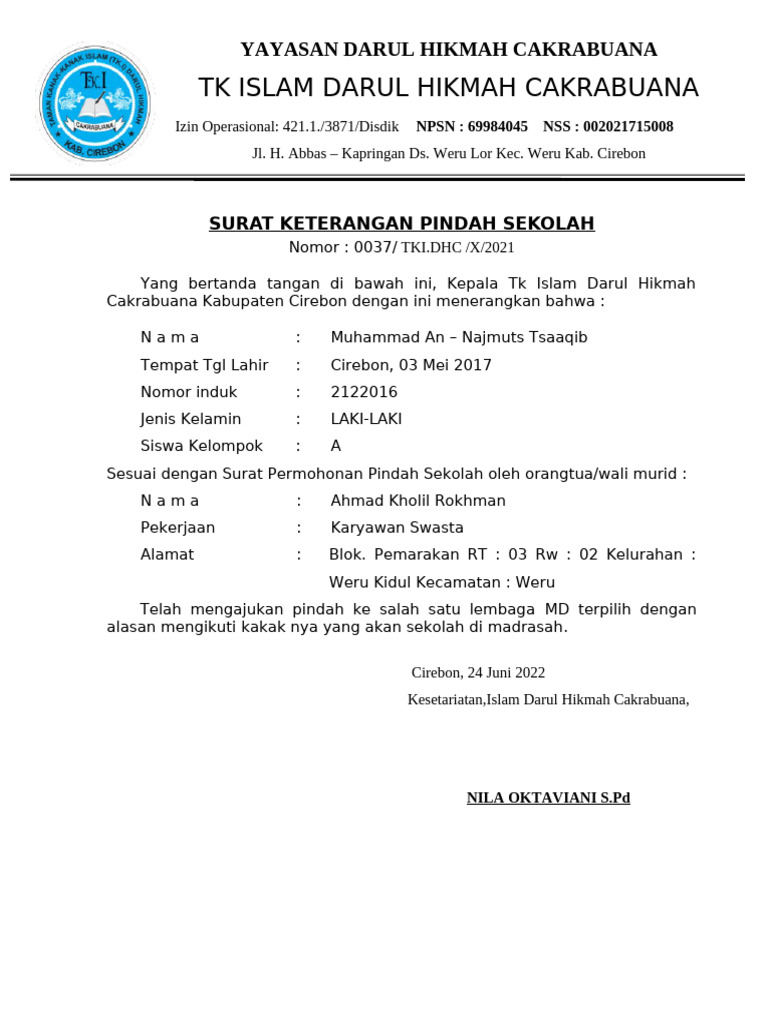 Surat Pindah Asrof | PDF