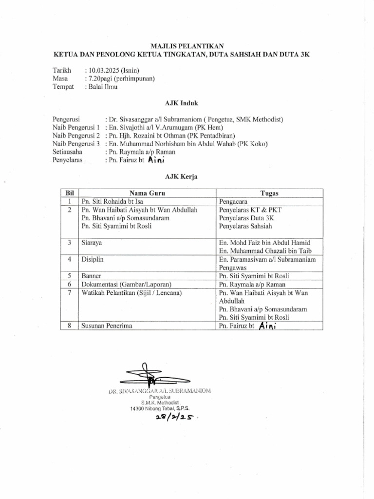 AJK Majlis Pelantikan KT, PKT, Duta 3K, Duta Sahsiah 10.03.25 | PDF