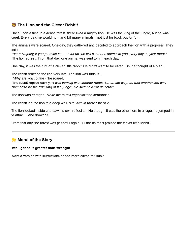 The Clever Rabbit and the Lion Story | PDF