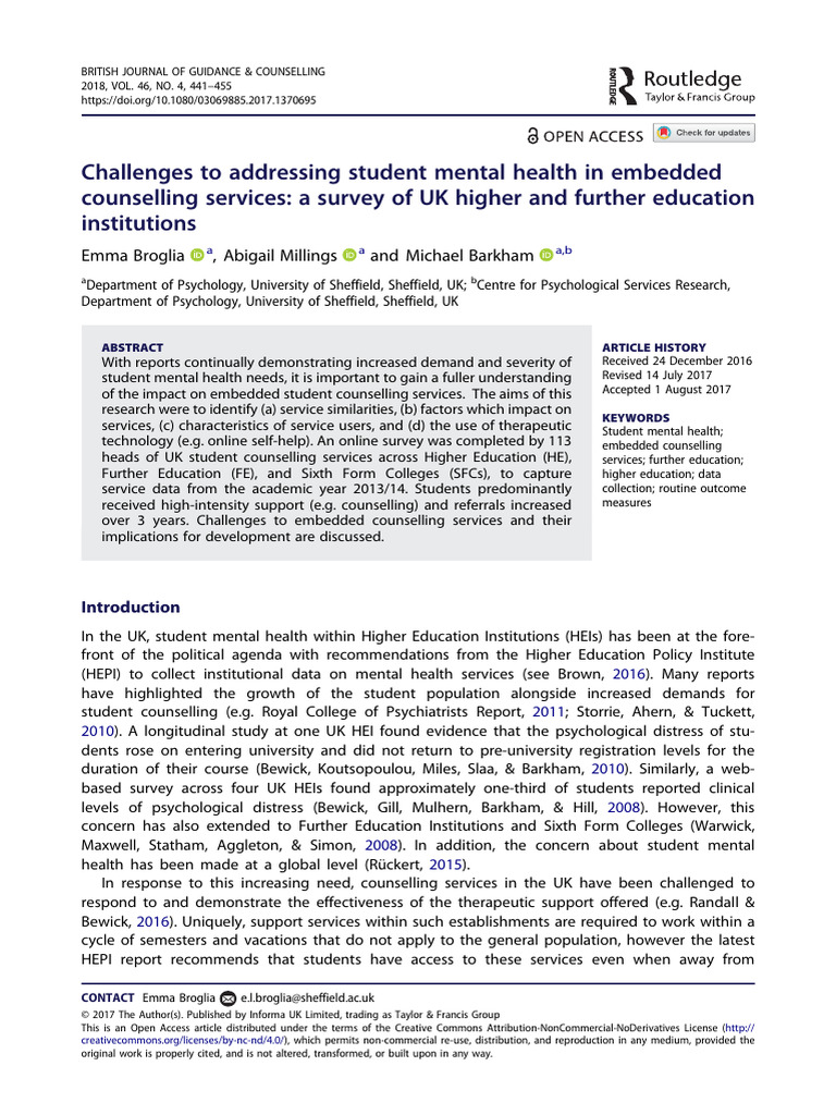 2018 EmbeddedCounselling MentalHealth Students | PDF | Psychotherapy