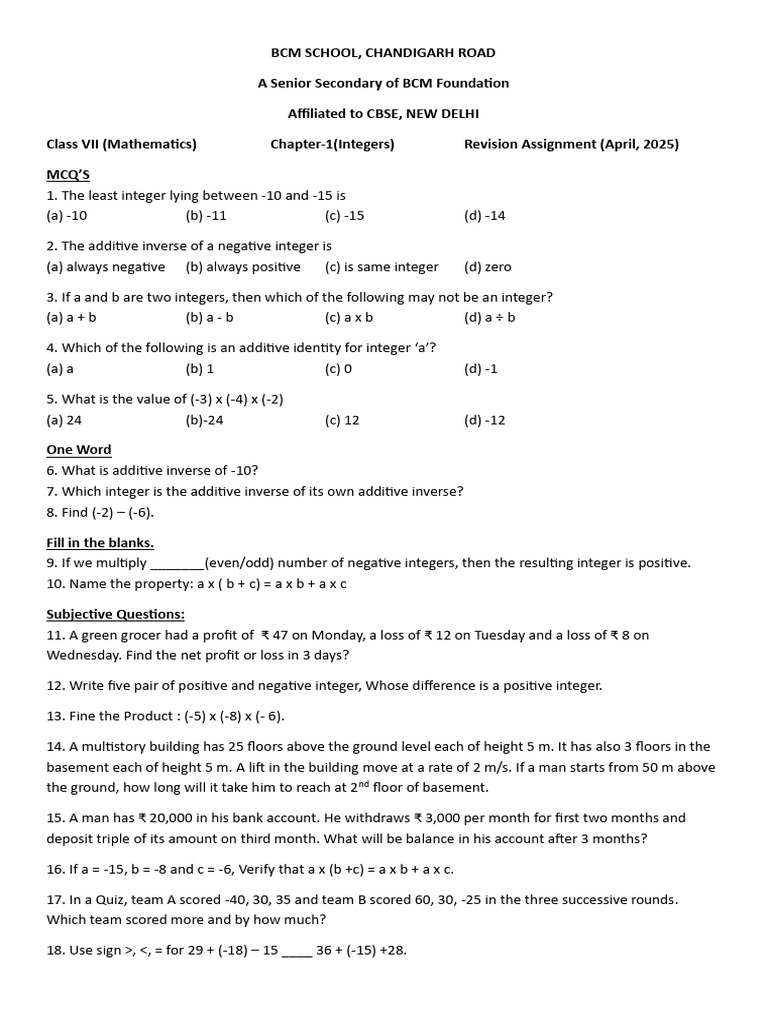 Integers (Grade-7) Worksheet | PDF | Elementary Mathematics | Arithmetic