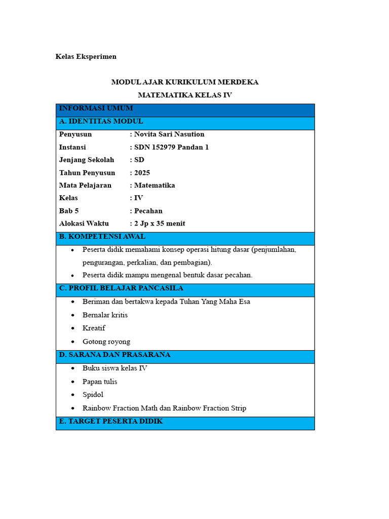MODUL AJAR KELAS EKSPERIMEN | PDF
