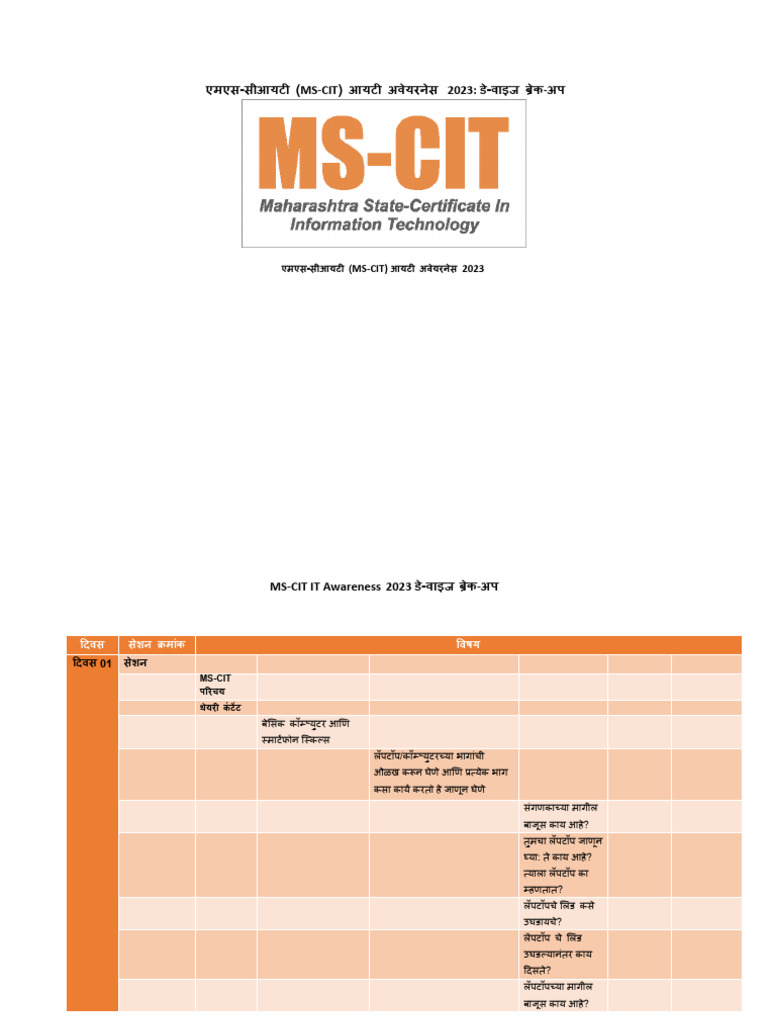 MS-CIT IT Awareness 2023 Day-Wise Break-Up Marathi v2 | PDF