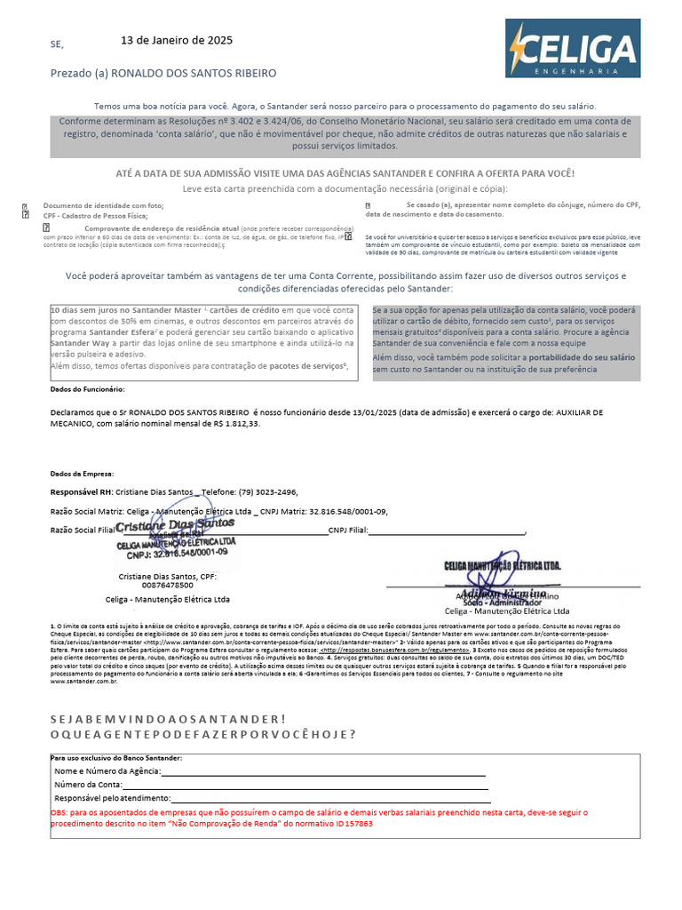 Carta Santander Ronaldo | PDF | Cheque (banco) | Crédito