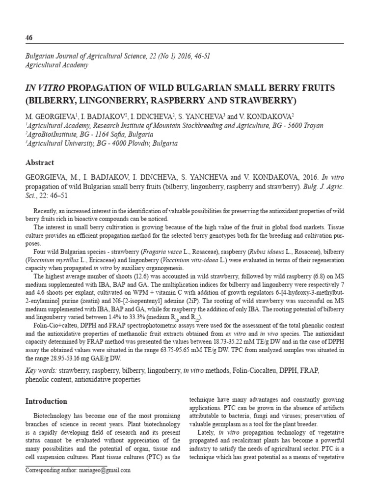 In Vitro Propagation of Wild Bulgarian Small Berry Fruits (Bilberry, Lingonberry, Raspberry and ...