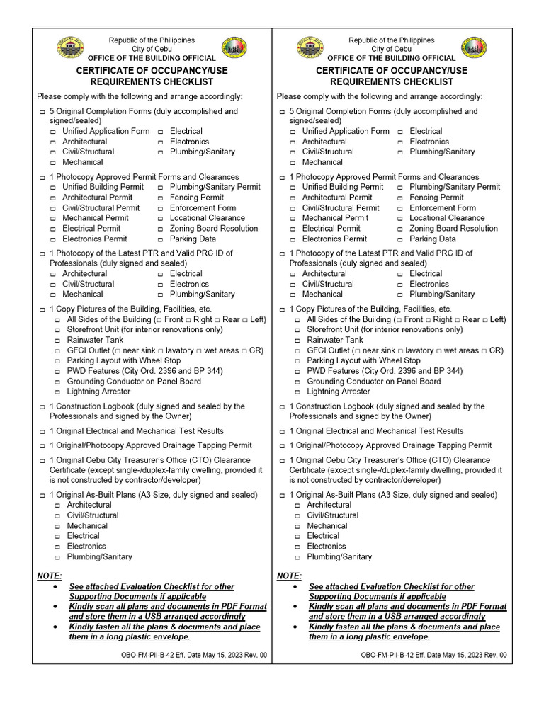 OBO FM PII B 42 v.00 Requirements Checklist Certificate of Occupancy | PDF