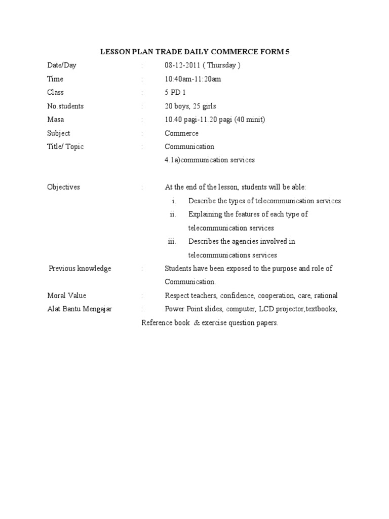 Commerce Lesson Plan: Communication | PDF | Telecommunication | Lesson Plan