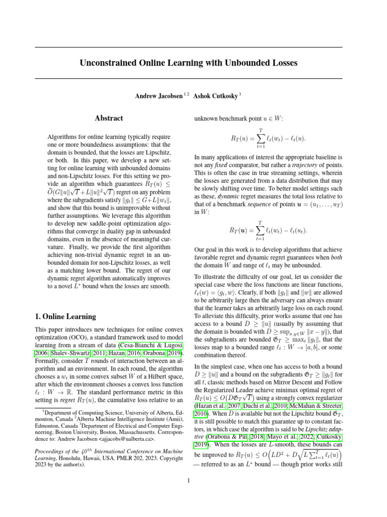 Unconstrained Online Learning With Unbounded Losses | PDF | Mathematical Objects | Algorithms