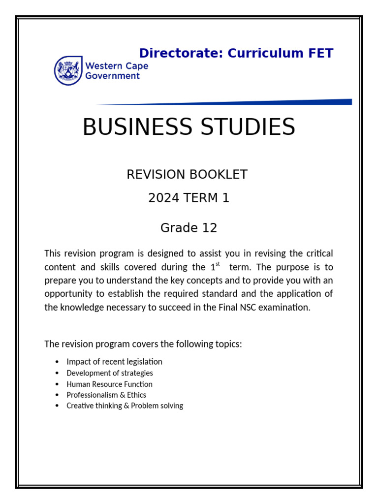 2024 Term 1 GR 12 BSTD Revision Booklet | PDF | Recruitment | Employment
