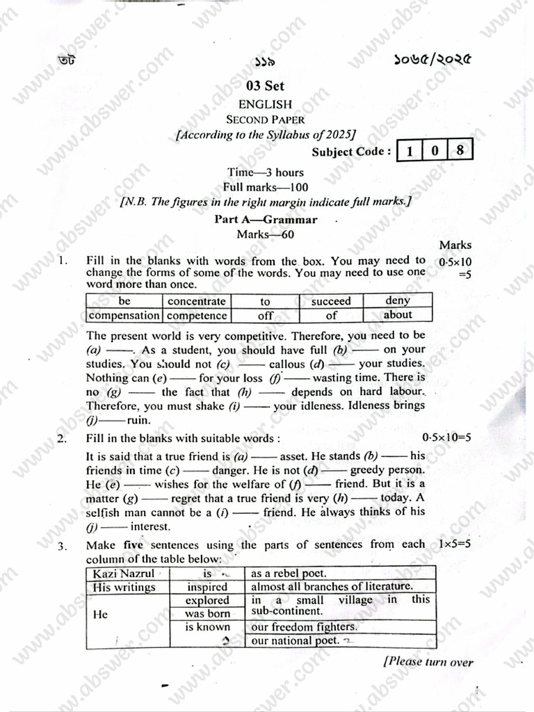 SSC English 2nd Question Paper - CTG Board Exam 2025 | PDF