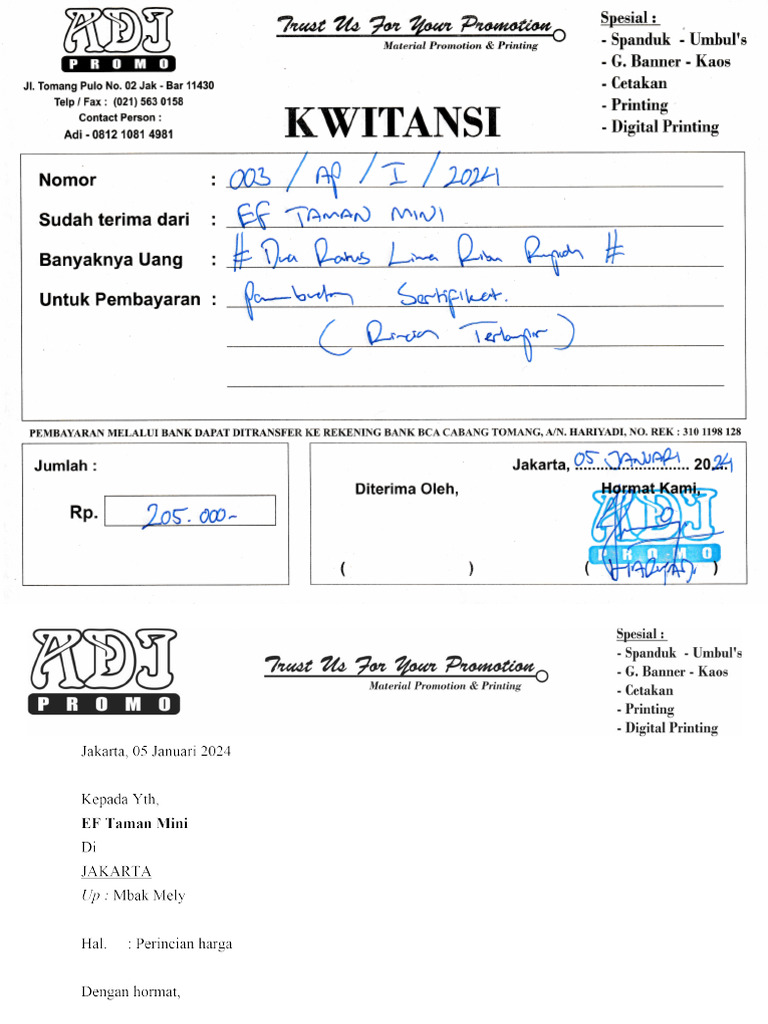 EF Taman Mini_Kwitansi & Perincian Harga Sertifikat English Fun Day | PDF