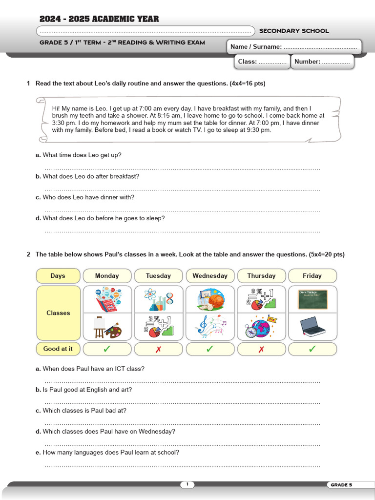 Sinif Reading Writing Exam 2 | PDF