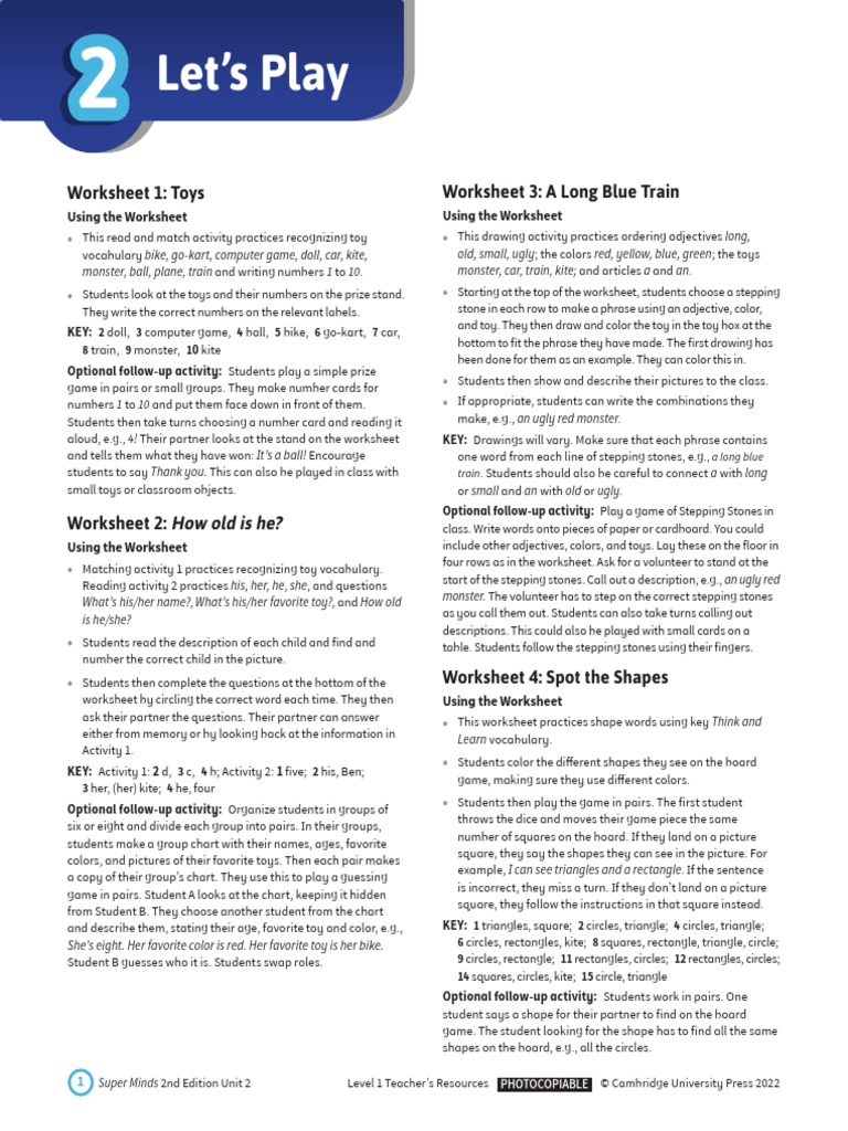 SM2ed American Teacher's Resources Worksheet C L1 U2 | PDF | Toys