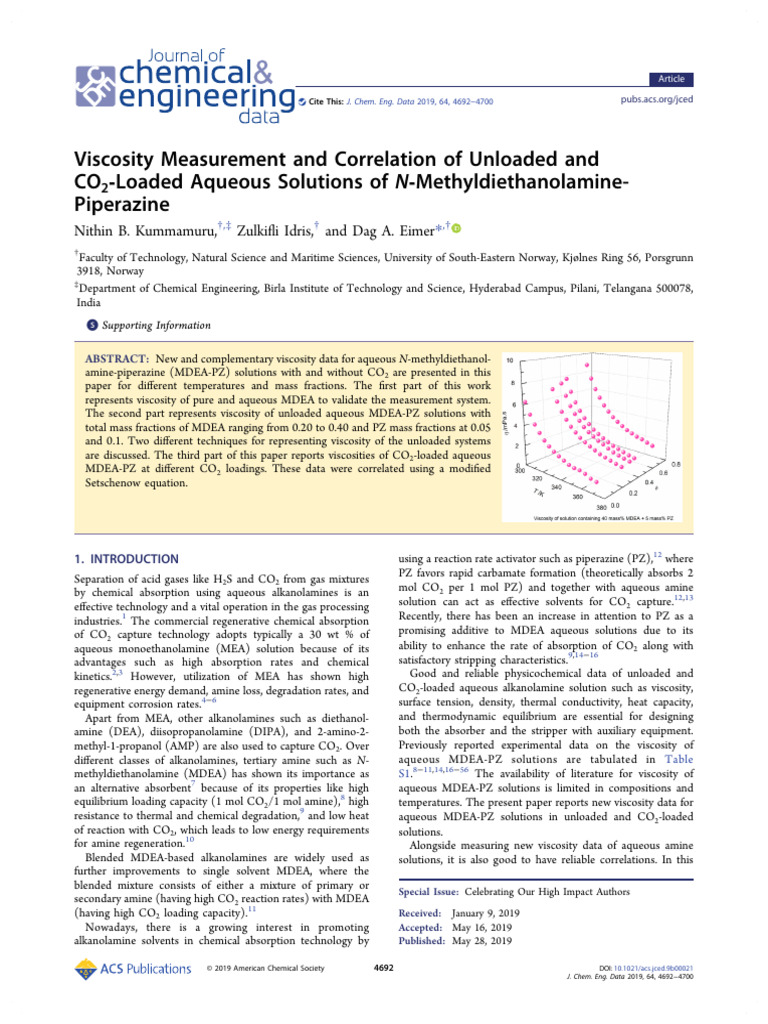 Viscosity of MDEA-PZ Solutions and Setschenow Correlation | PDF ...
