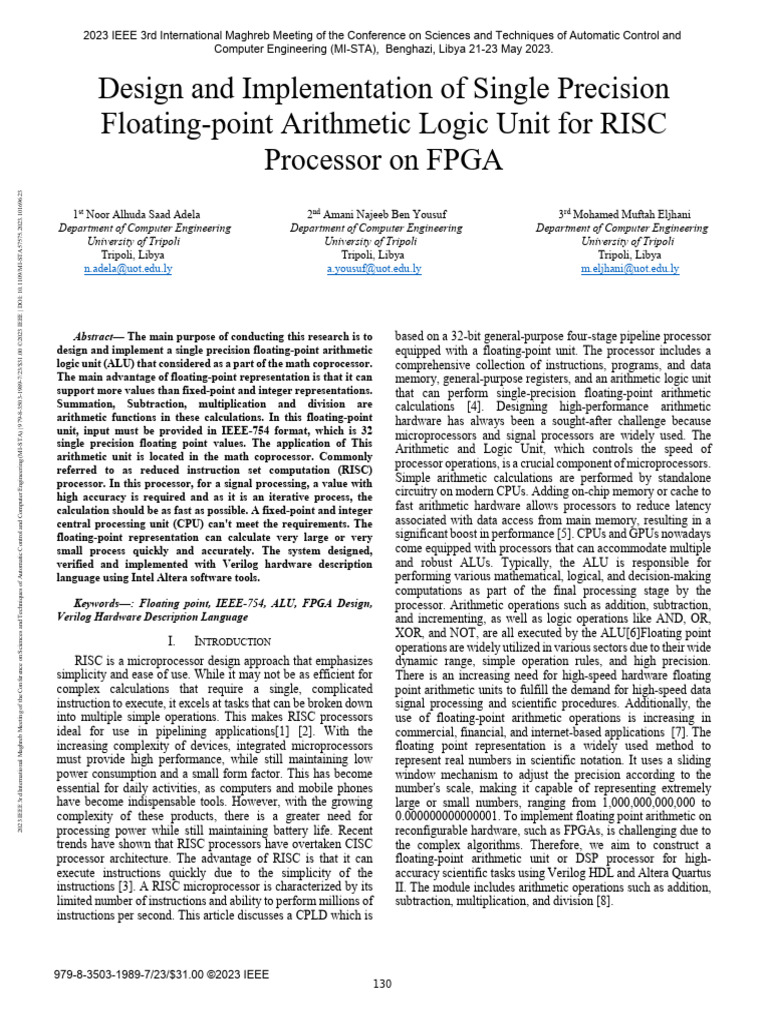 Design And Implementation Of Single Precision Floating Point Arithmetic Logic Unit For Risc