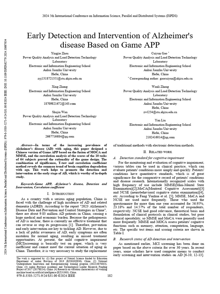 Early Detection and Intervention of Alzheimers Disease Based On Game APP | PDF | Cognition ...