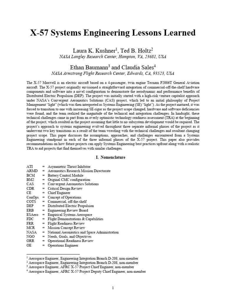 kushner-et-al-2024-x-57-systems-engineering-lessons-learned | PDF | Systems Engineering | Aerospace