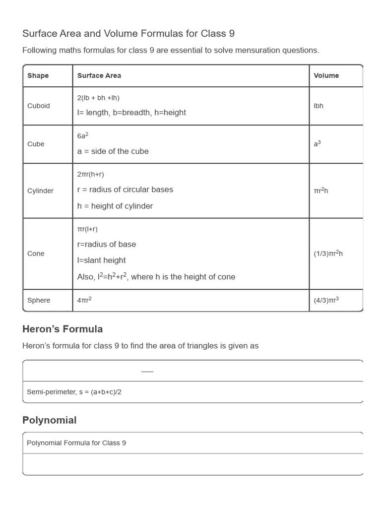 Maths Formulas For Class 9 - List of Important Formulas For Grade 9 2 | PDF