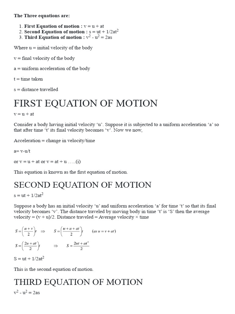 Mathematical Derivation of Equation of Motion Class 9 - PW | PDF ...