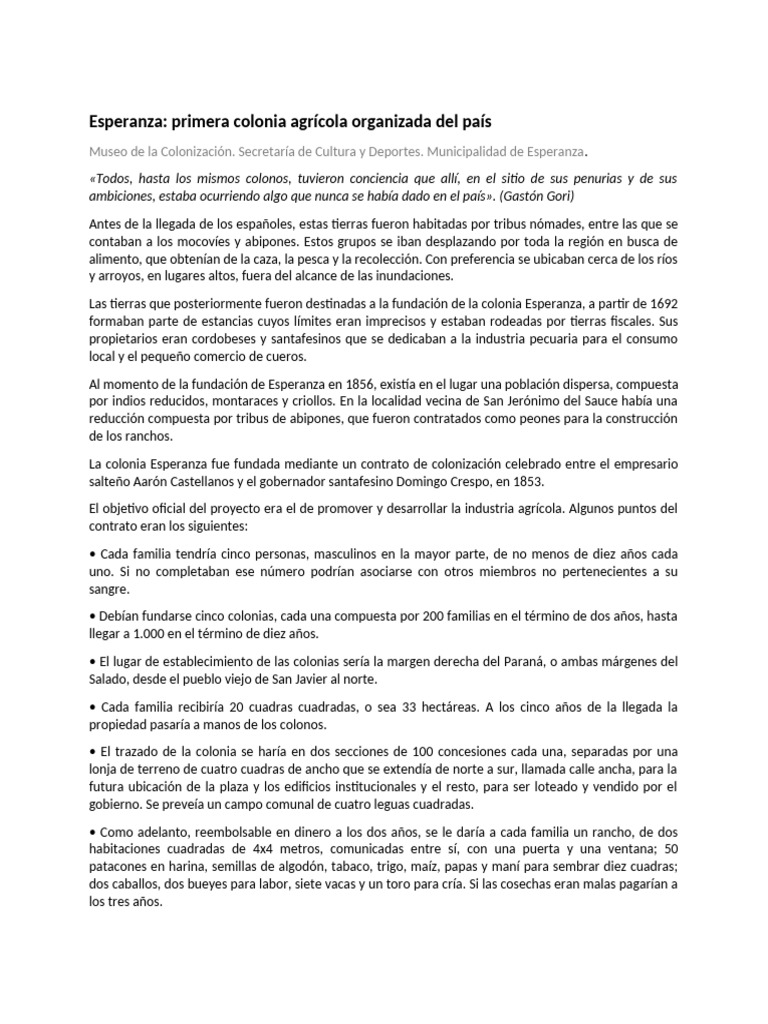Fundación de la Colonia Esperanza 1856 | PDF