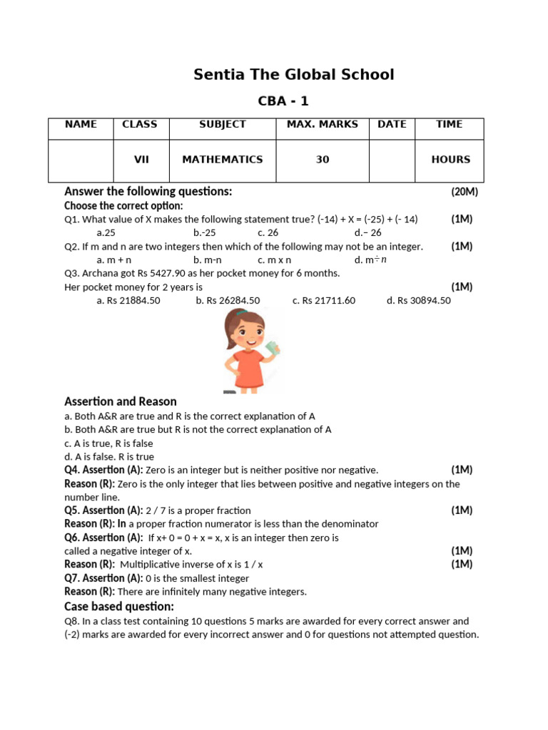 CBA 1 Grade7 Maths Set A | PDF | Integer | Mathematical Objects