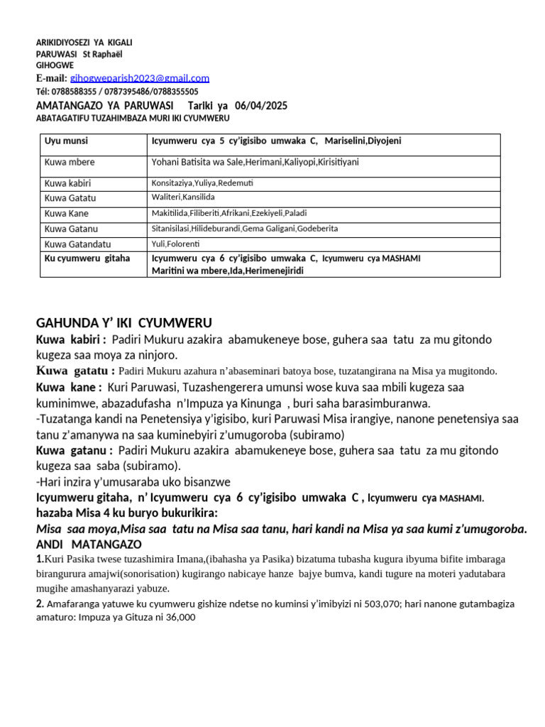 Amatangazo Paruwasi Gihogwe | PDF