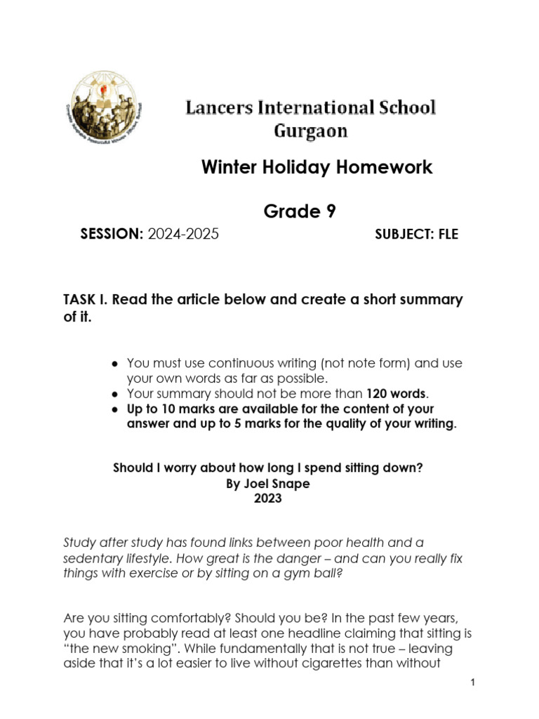 Grade 9 - Winter Holiday Homework - 2024 | PDF | Sedentary Lifestyle ...