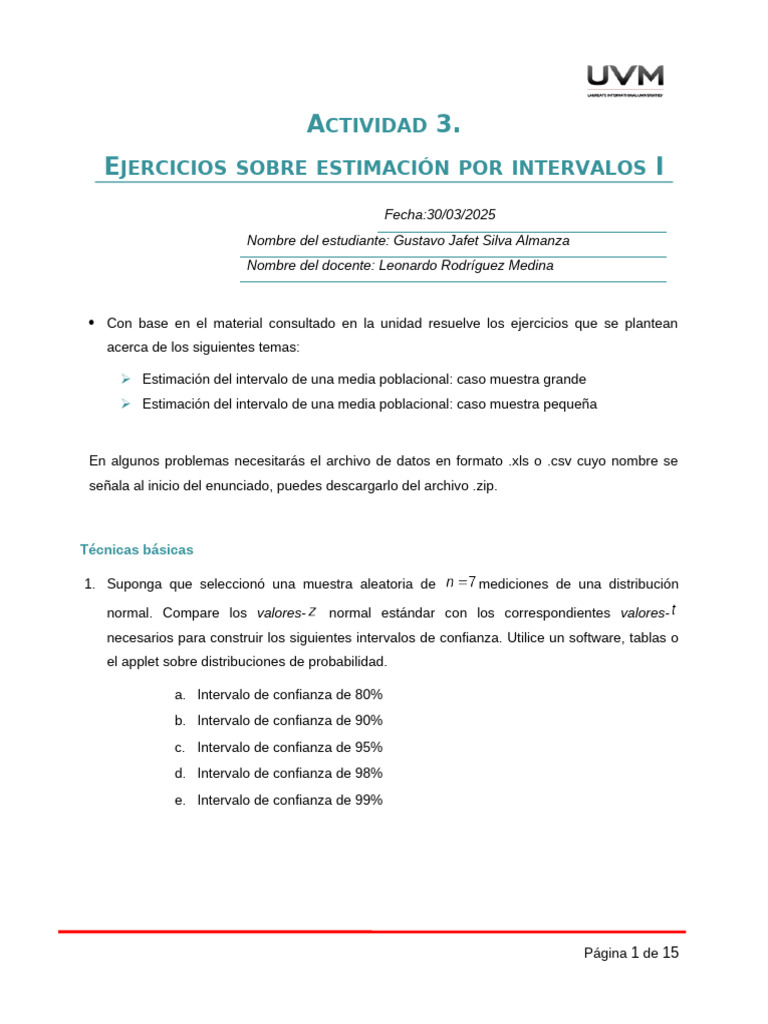 A3 Ejercicios | PDF | Intervalo de confianza | Desviación Estándar