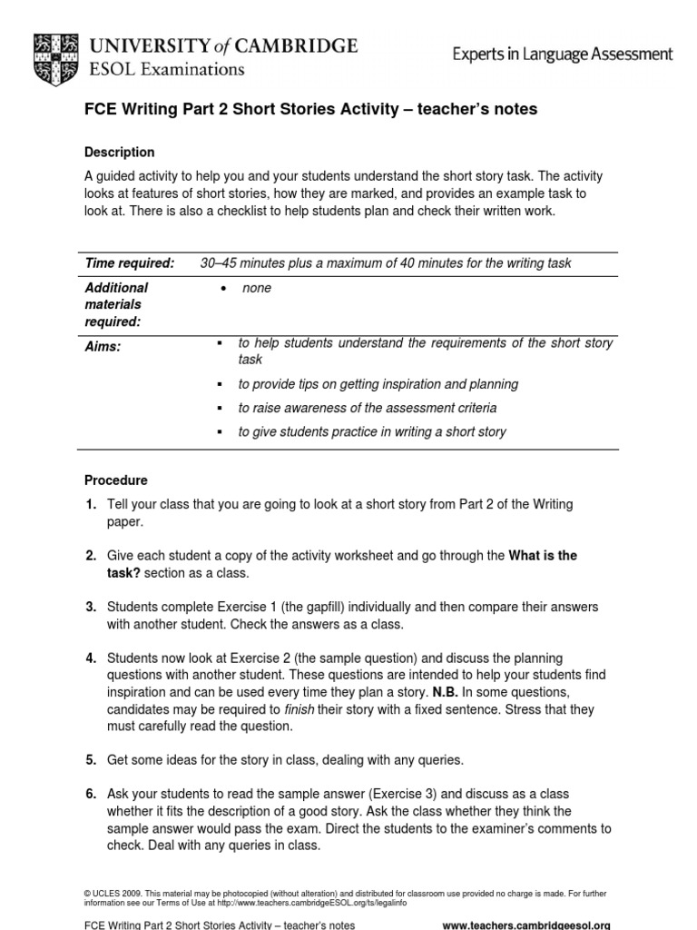 Fce Writing Part 2 Short Stories Activity | PDF | Question | Narrative