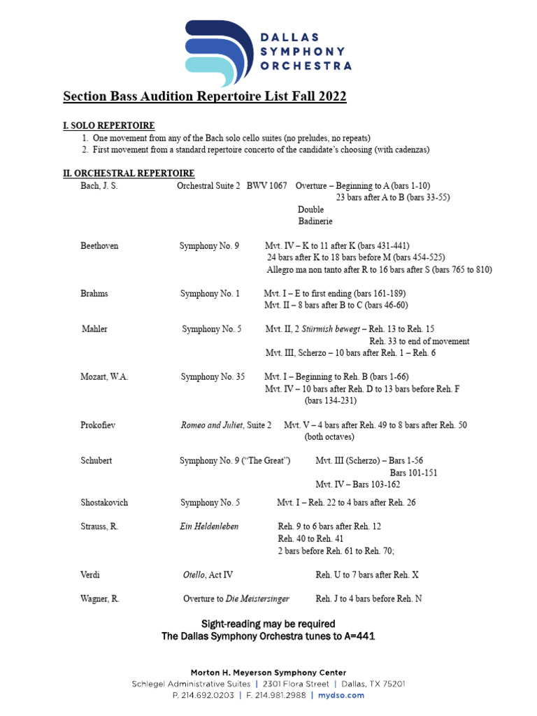 Master Repertoire List Section Bass Fall 2022 | PDF | Symphony | Orchestras