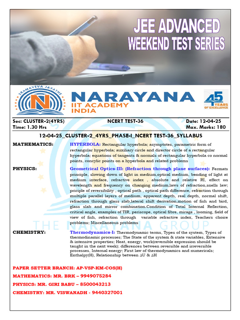 NCERT Test 36: Math, Physics, Chemistry | PDF | Refraction | Refractive ...