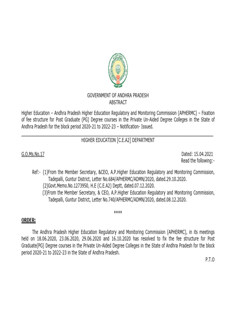 PG Unaided Fee Fixation G.O. 17 Dt. 15.04.2021 Download | PDF ...