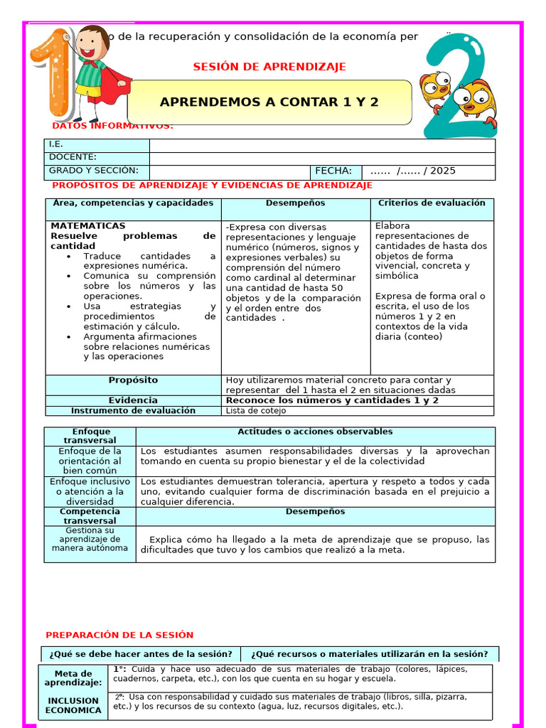 1º Adicional Sesion Mat Aprendemos A Contar 1 y 2 | PDF | Evaluación ...